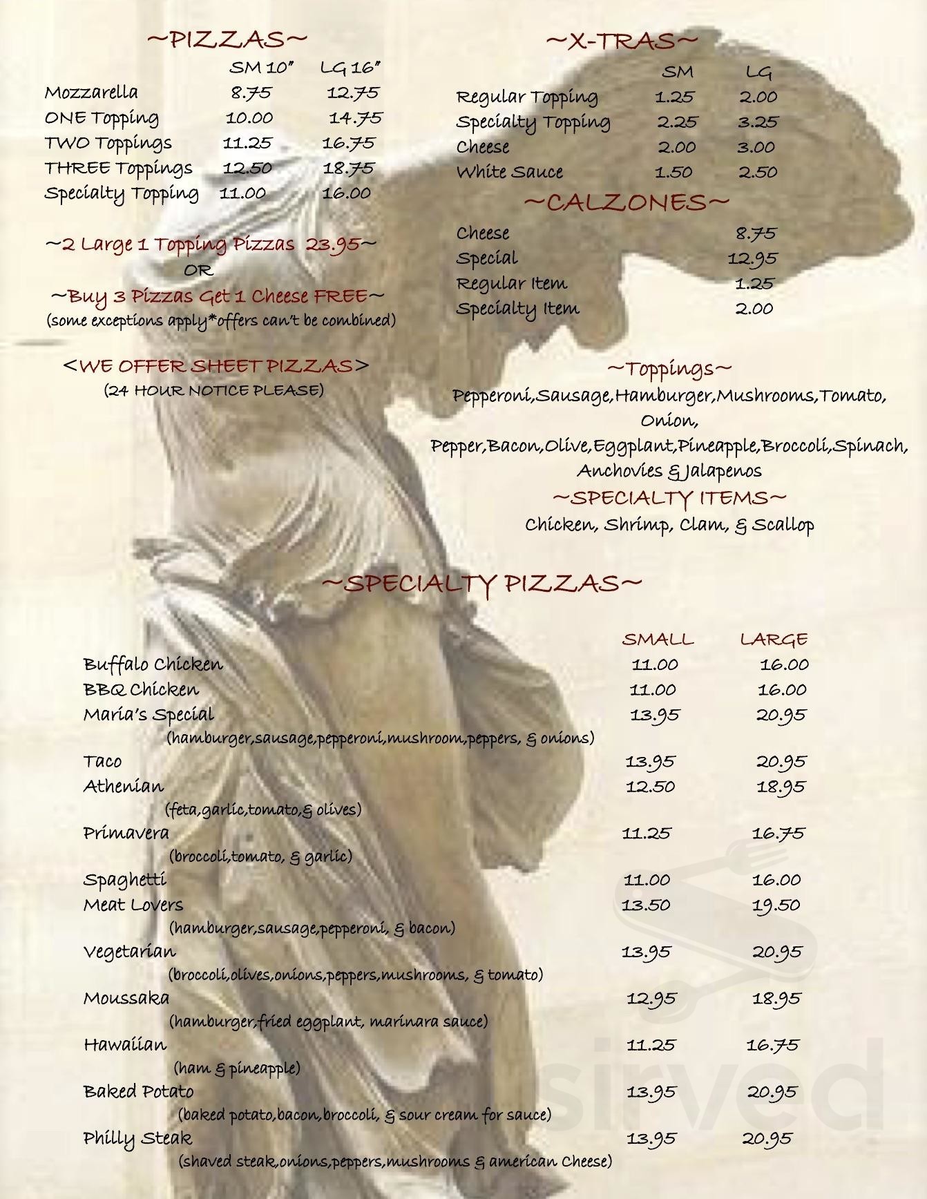 Menu - Colchester CT's Maria's Pizza Palace | Sirved