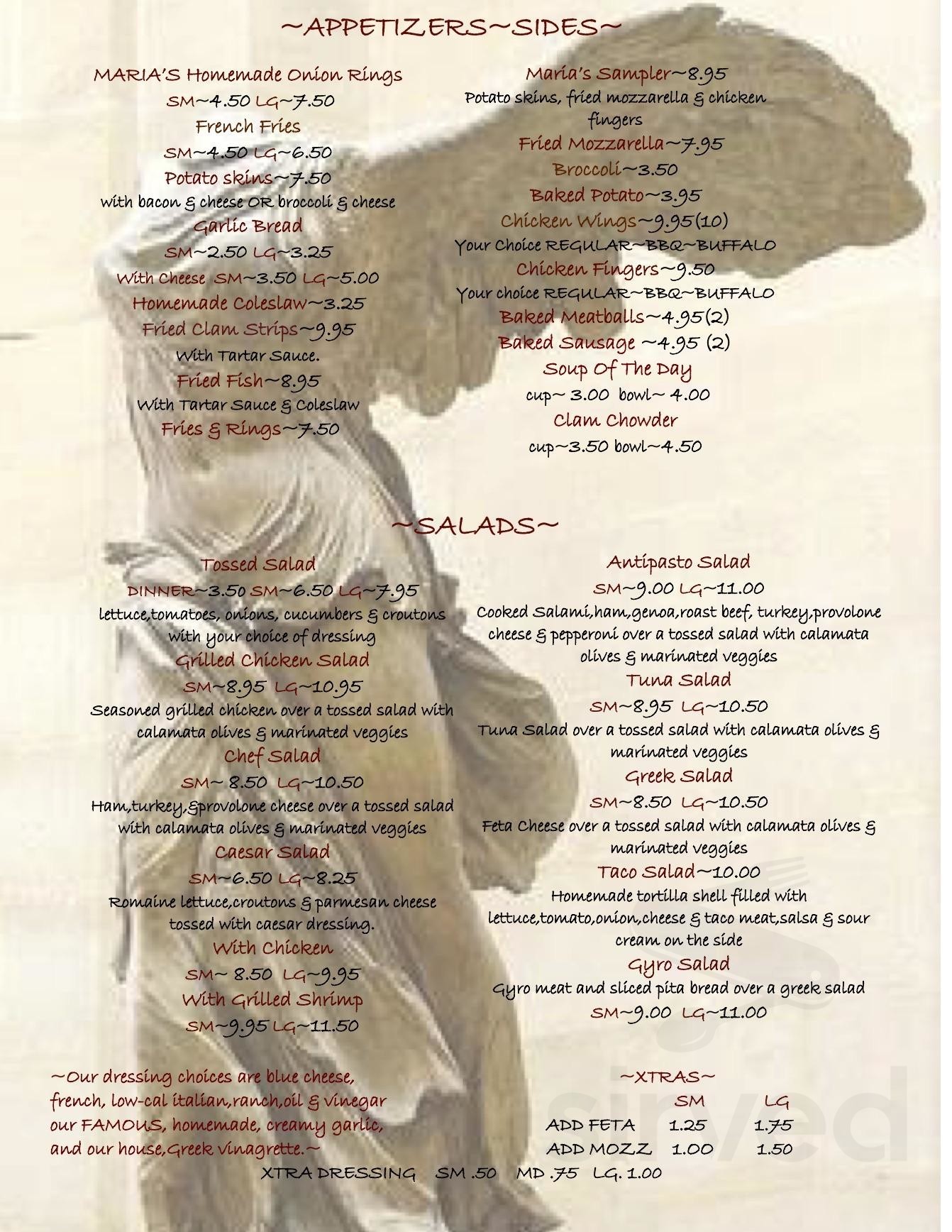 Menu - Colchester CT's Maria's Pizza Palace | Sirved