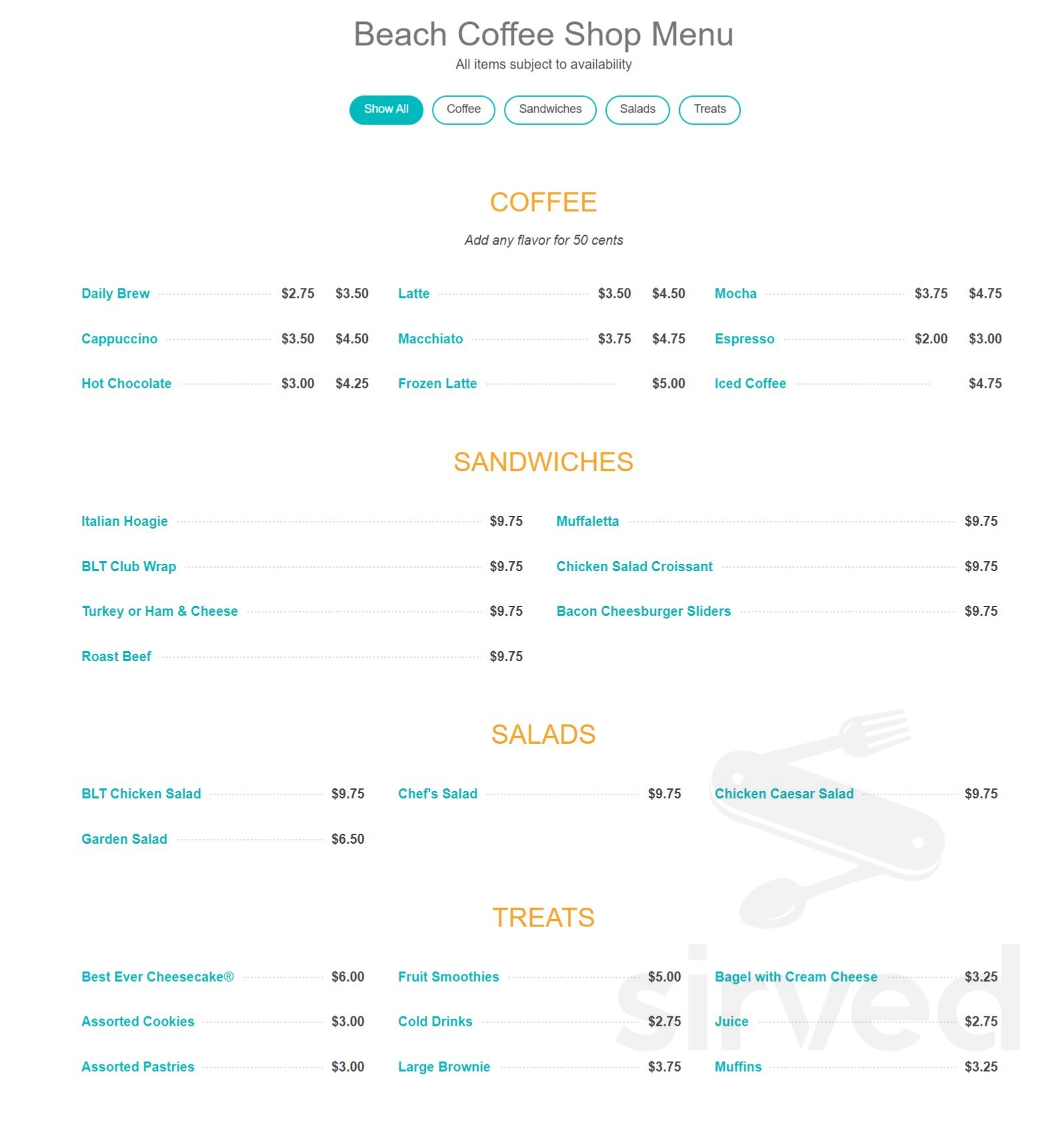 Beach Coffee Shop menu in Gulfport, Mississippi, USA