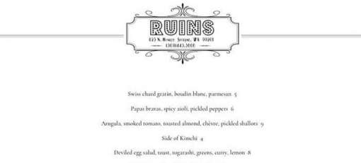 Menu for Ruins in Spokane, WA | Sirved