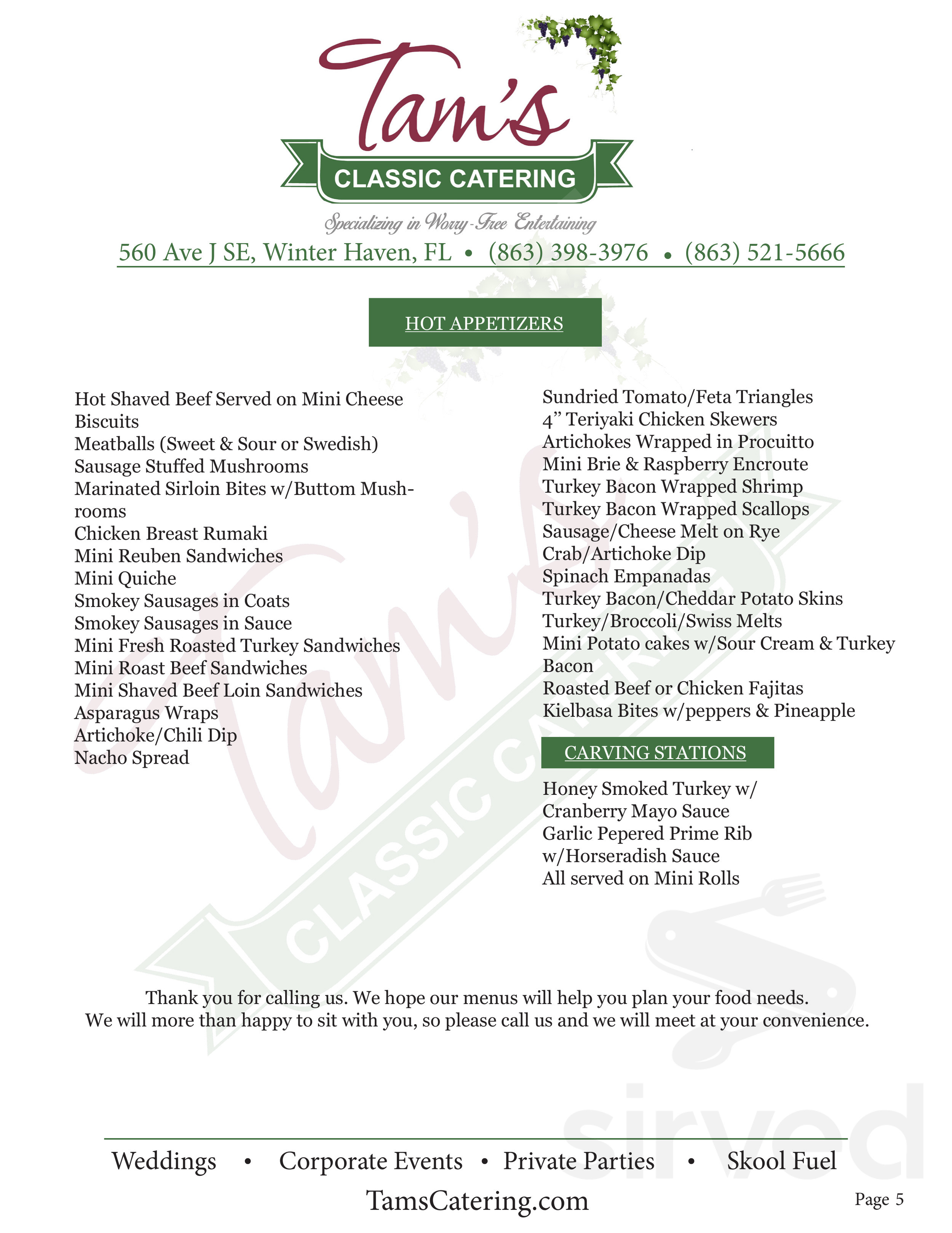 Menu - Winter Haven FL's Tam's Classic Catering | Sirved