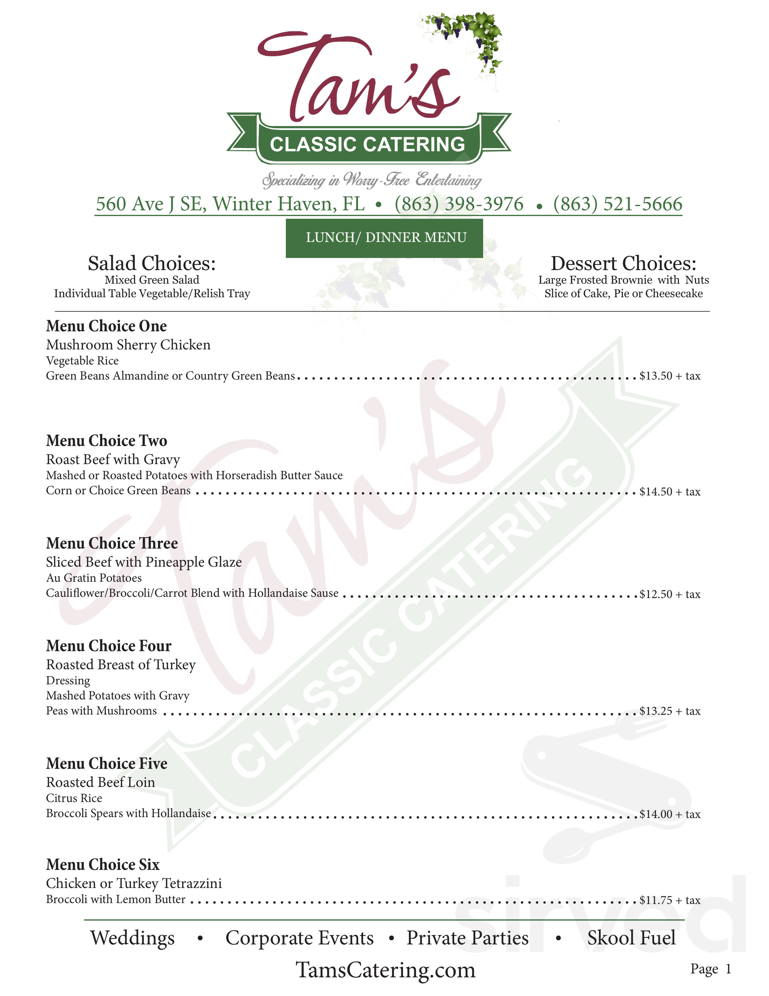 Menu - Winter Haven FL's Tam's Classic Catering | Sirved