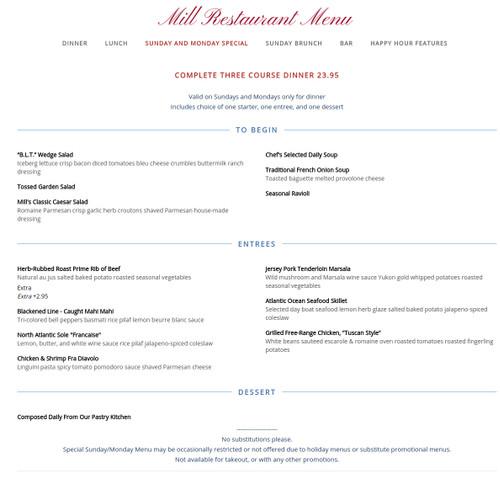 The Mill on the River menu in South Windsor, Connecticut, USA