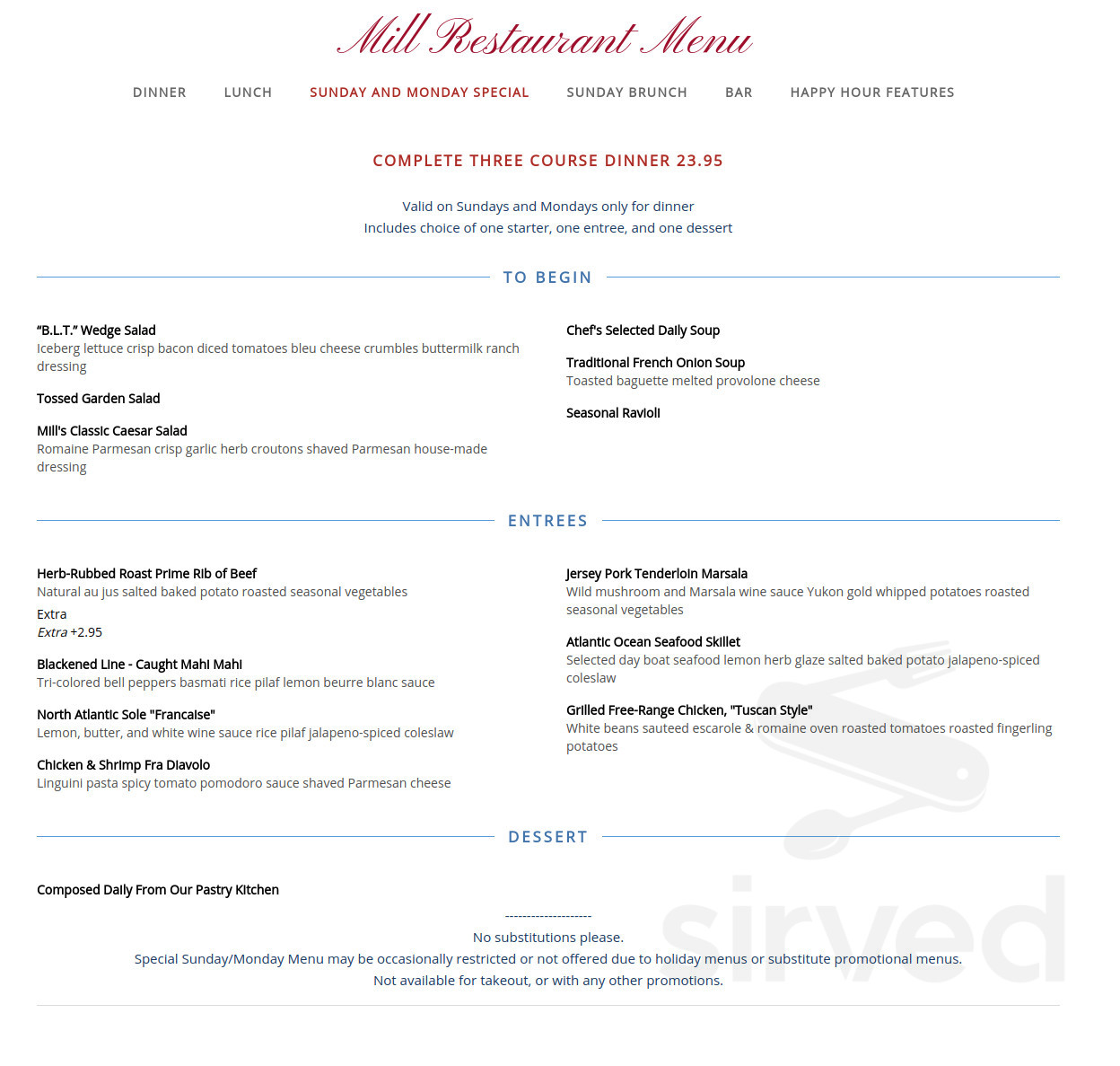 The Mill on the River menus in South Windsor, Connecticut, United States