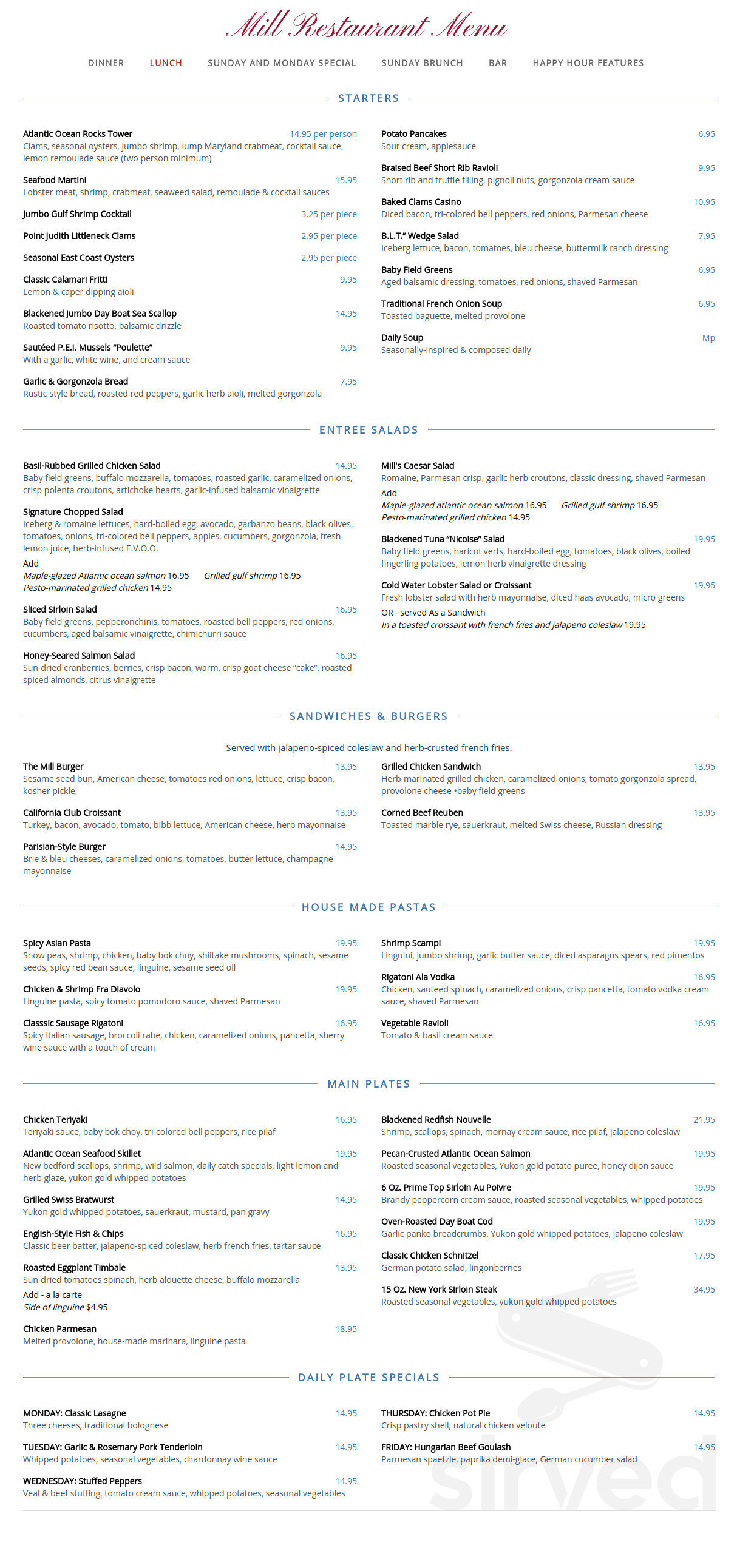 The Mill on the River menus in South Windsor, Connecticut, United States
