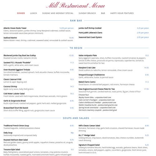 The Mill on the River menu in South Windsor, Connecticut, USA