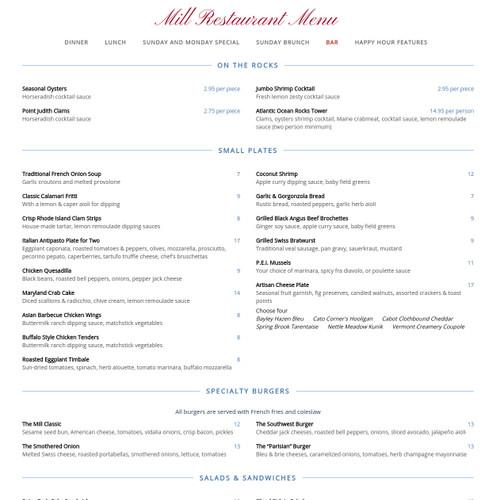 The Mill on the River menu in South Windsor, Connecticut, USA