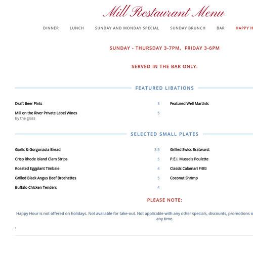 The Mill on the River menu in South Windsor, Connecticut, USA