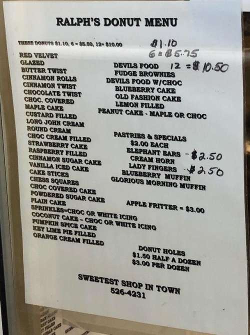 Ralph's Donut Shop menu in Cookeville, Tennessee, USA