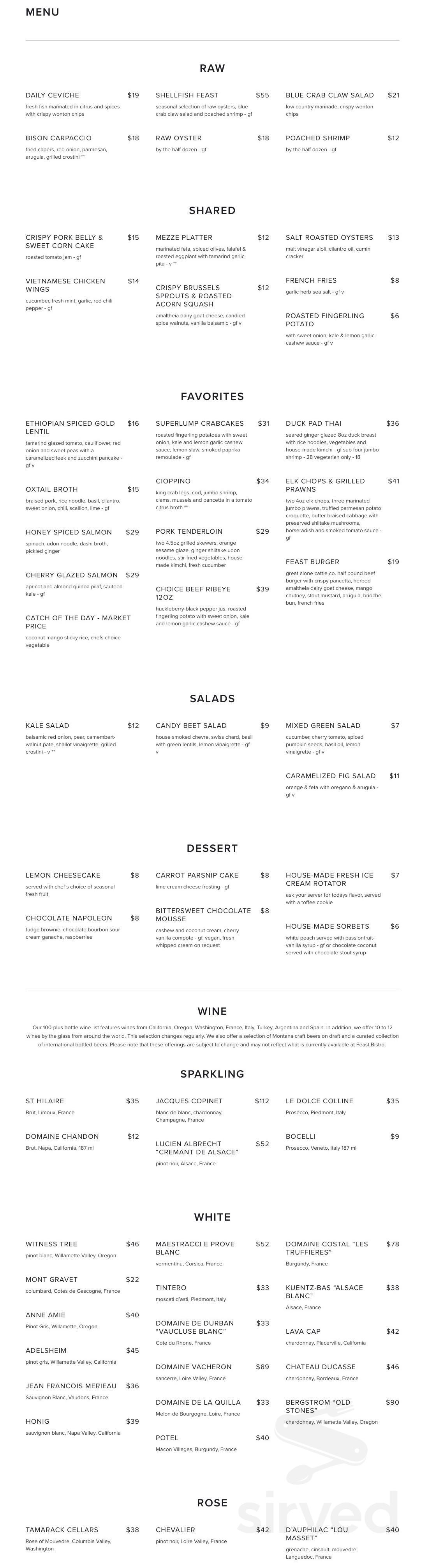 Menu - Bozeman MT's Feast Raw Bar & Bistro | Sirved