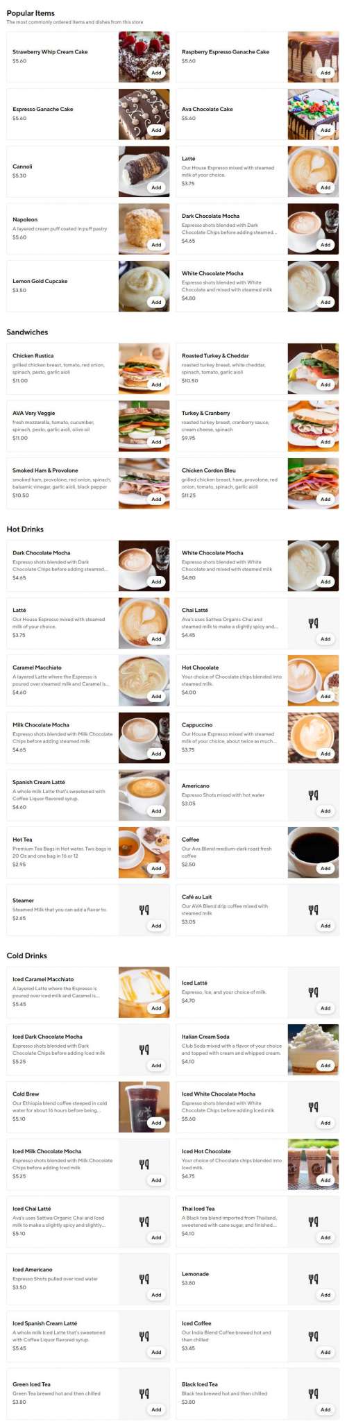 Ava Roasteria menu in Lake Oswego, Oregon, USA