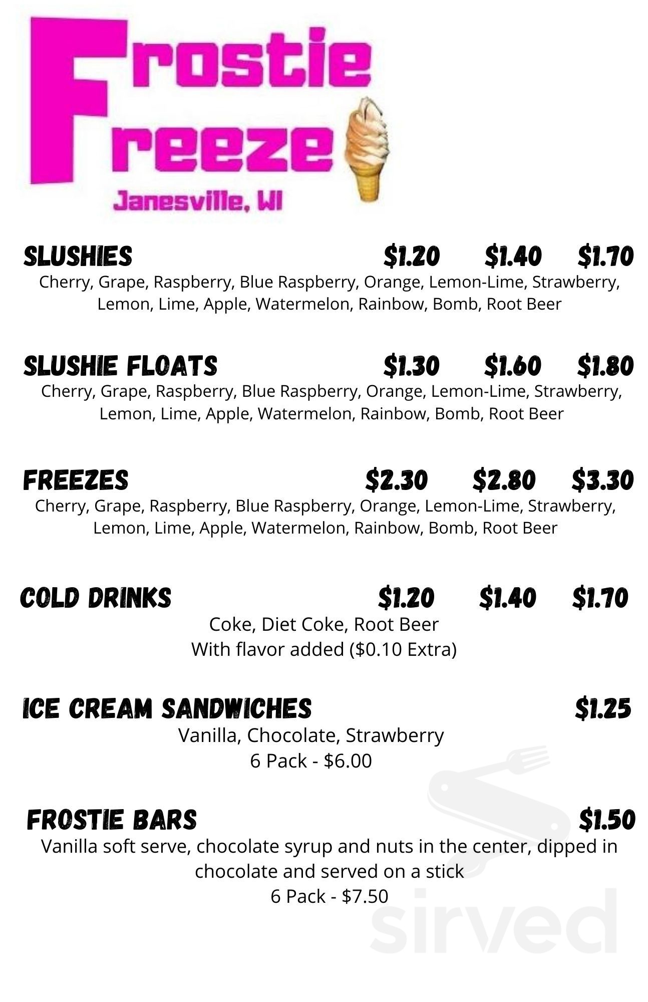 Menu for Frostie Freeze in Janesville, Wisconsin, United States