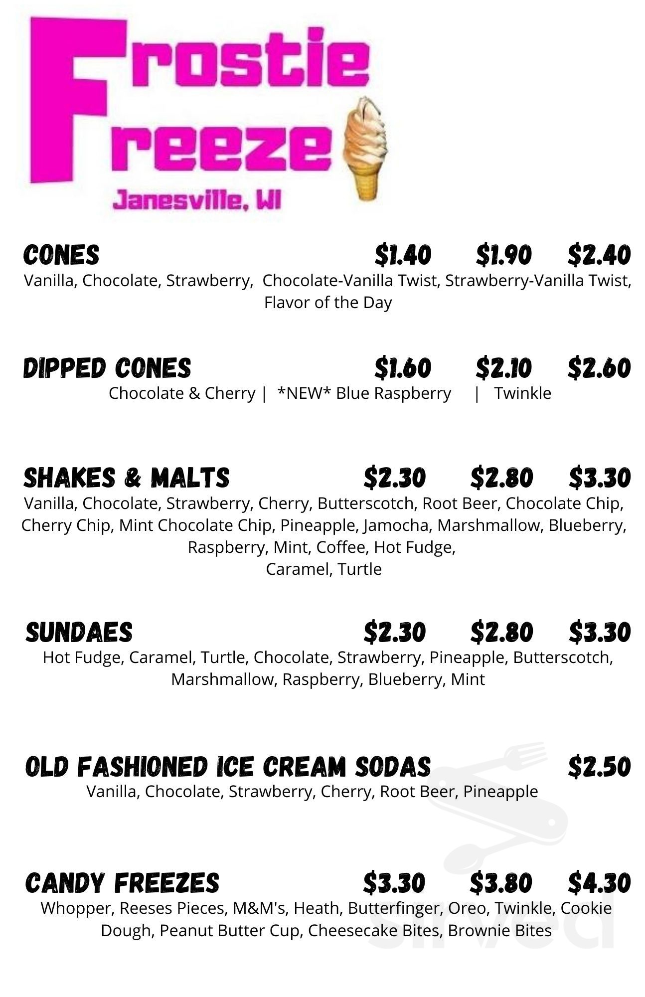 Menu for Frostie Freeze in Janesville, Wisconsin, United States