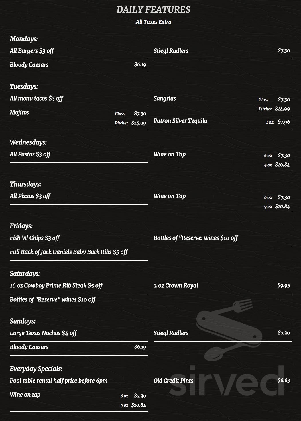 The Crooked Cue menus in Etobicoke, Ontario, Canada