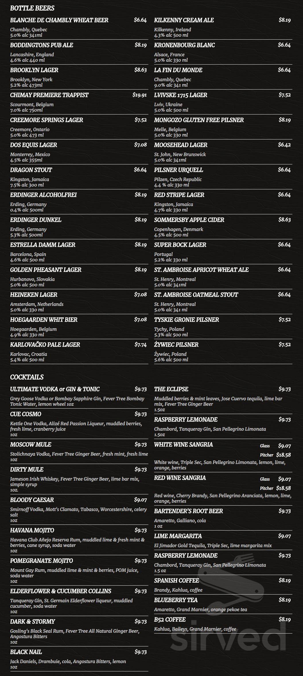 The Crooked Cue menus in Etobicoke, Ontario, Canada