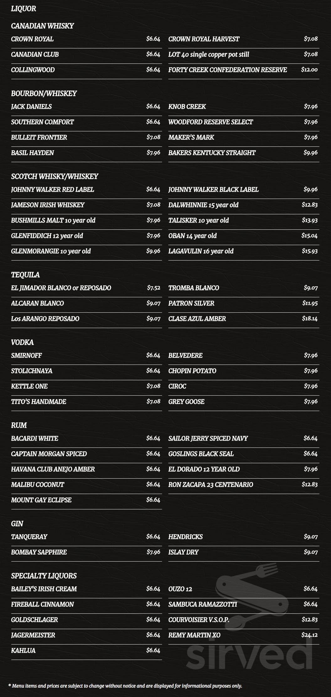 The Crooked Cue menus in Etobicoke, Ontario, Canada