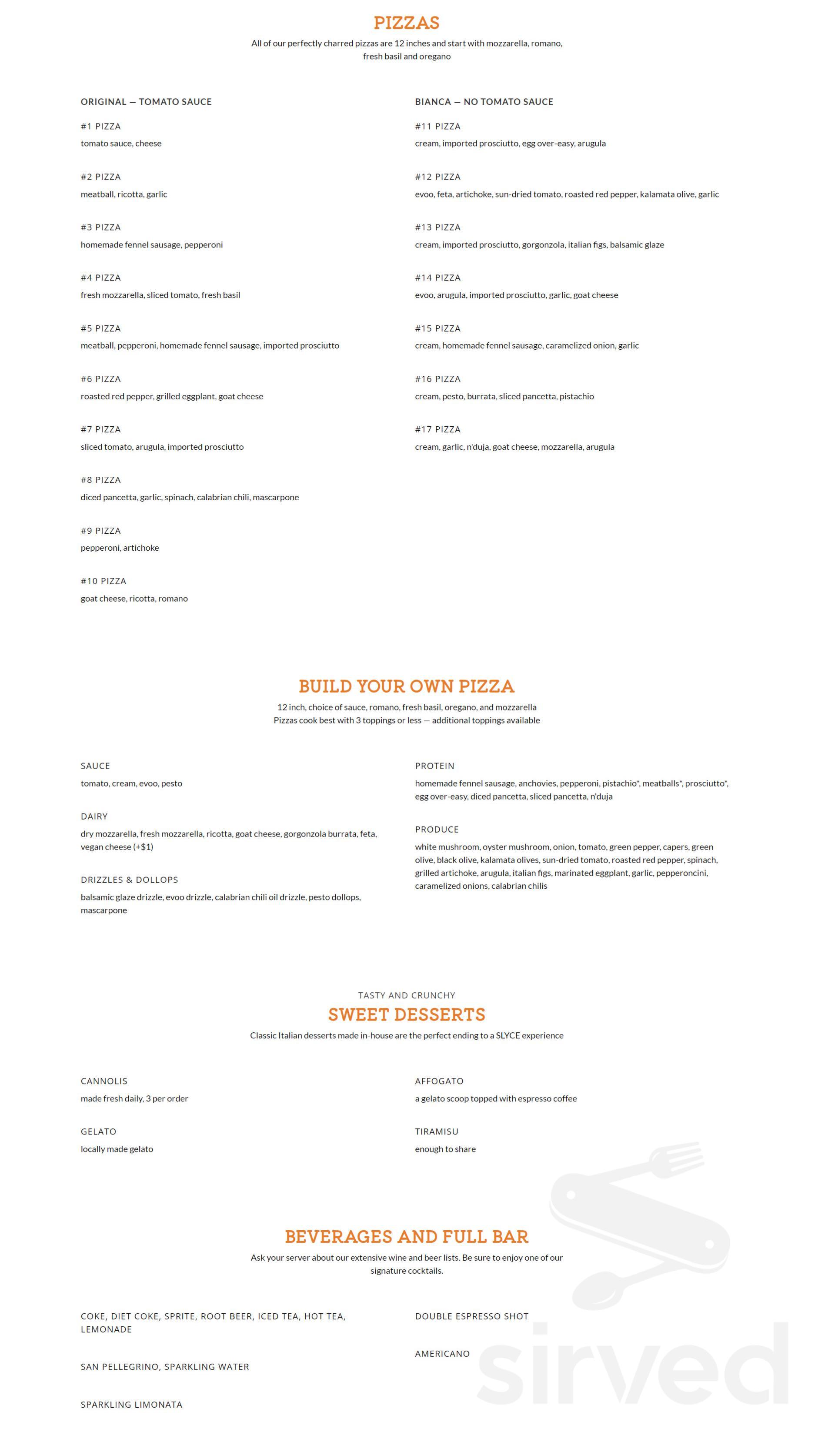 SLYCE Coal Fired Pizza Company menu in Vernon Hills, Illinois, USA