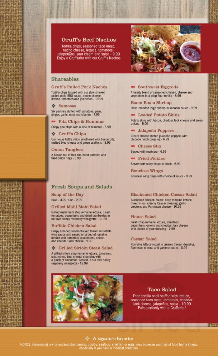 Gruffs Tap & Grill menu in Dunnellon, Florida, USA