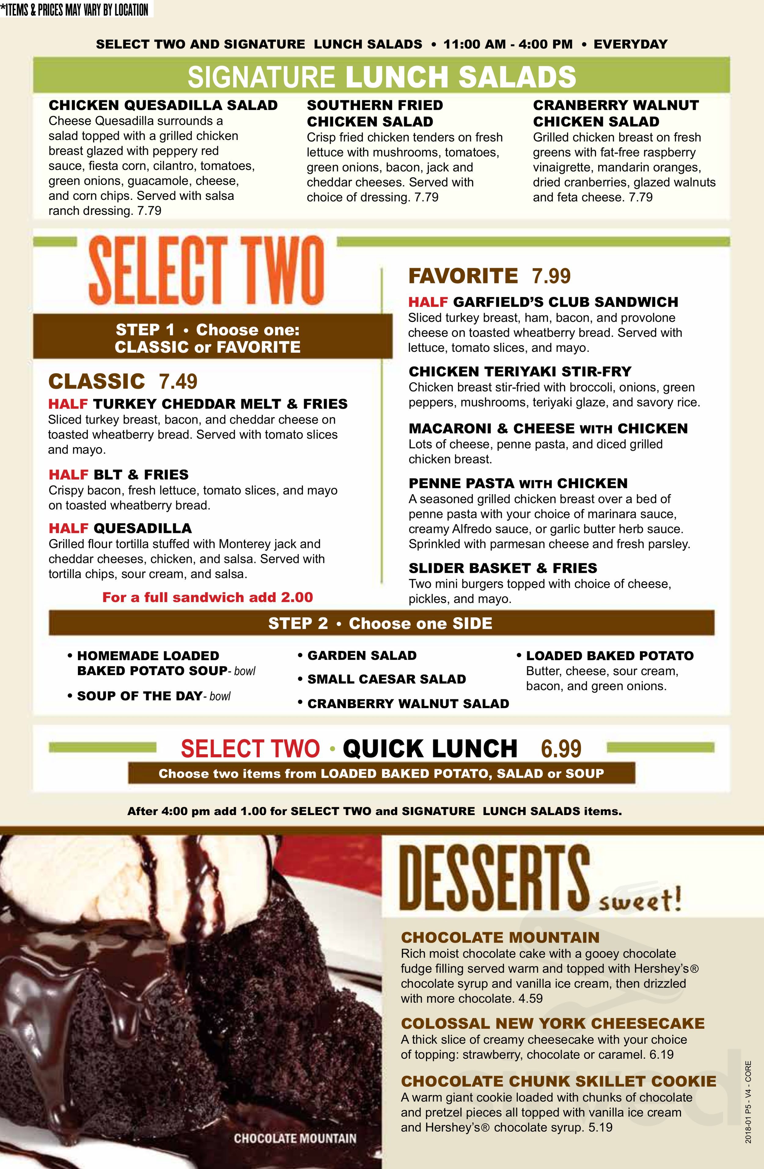 Garfield's Restaurant & Pub menu in Jasper, Alabama, USA