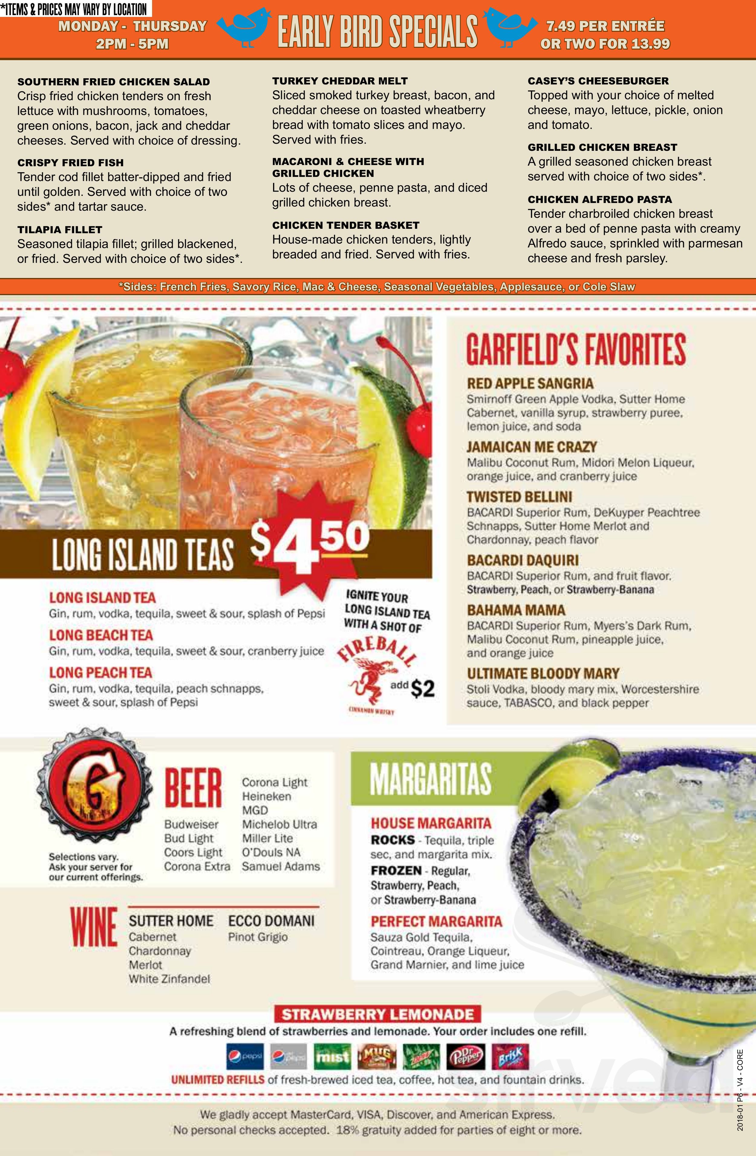 Garfield's Restaurant & Pub menu in Jasper, Alabama, USA