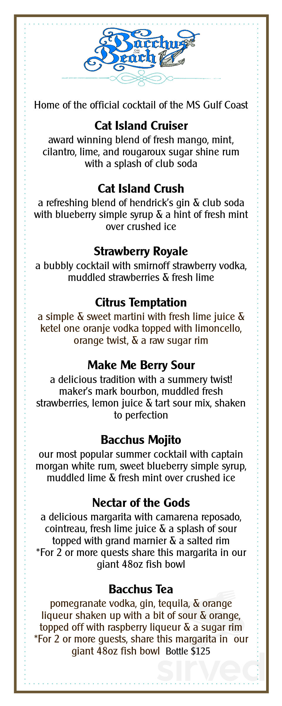 Menu - Pass Christian MS's Bacchus On The Beach | Sirved