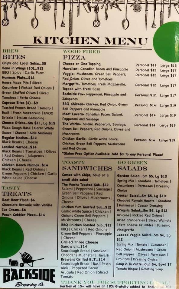 Menu for Backside Brewing Co. in Roseburg, OR | Sirved