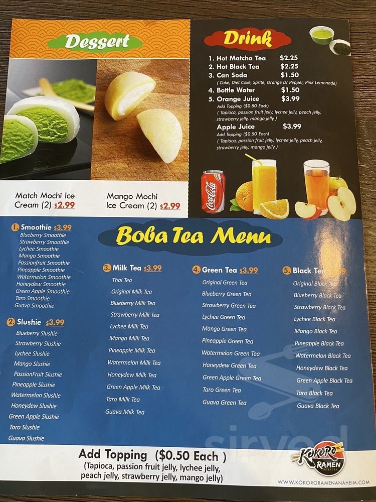 Kokoro Ramen menu in Anaheim, California, USA