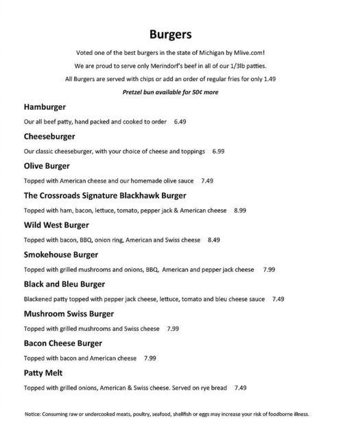 Crossroads Grill and Bar menu in Leslie, Michigan, USA