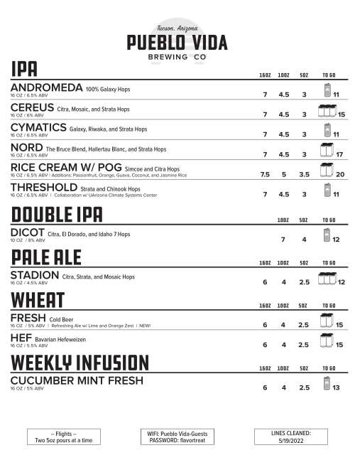 Pueblo Vida Brewing Company menu in Tucson, Arizona, USA
