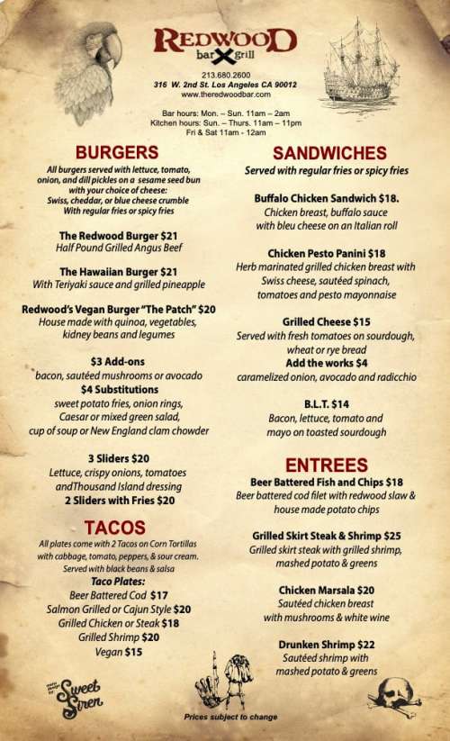 The Redwood Bar & Grill menu in Los Angeles, California, USA