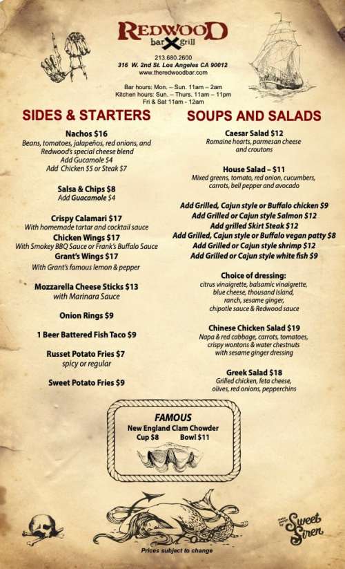The Redwood Bar & Grill menu in Los Angeles, California, USA