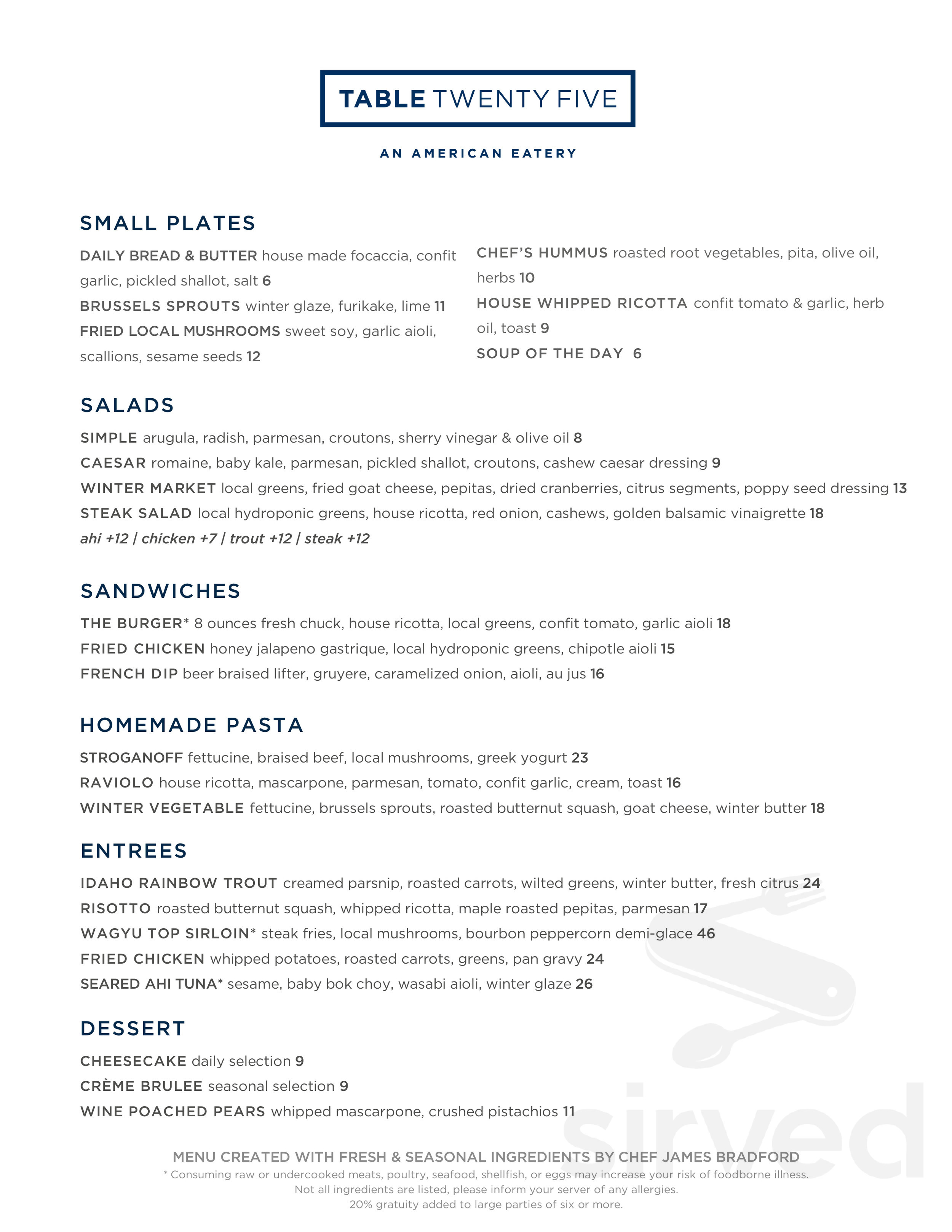 Table Twenty Five menu in Ogden, Utah, USA