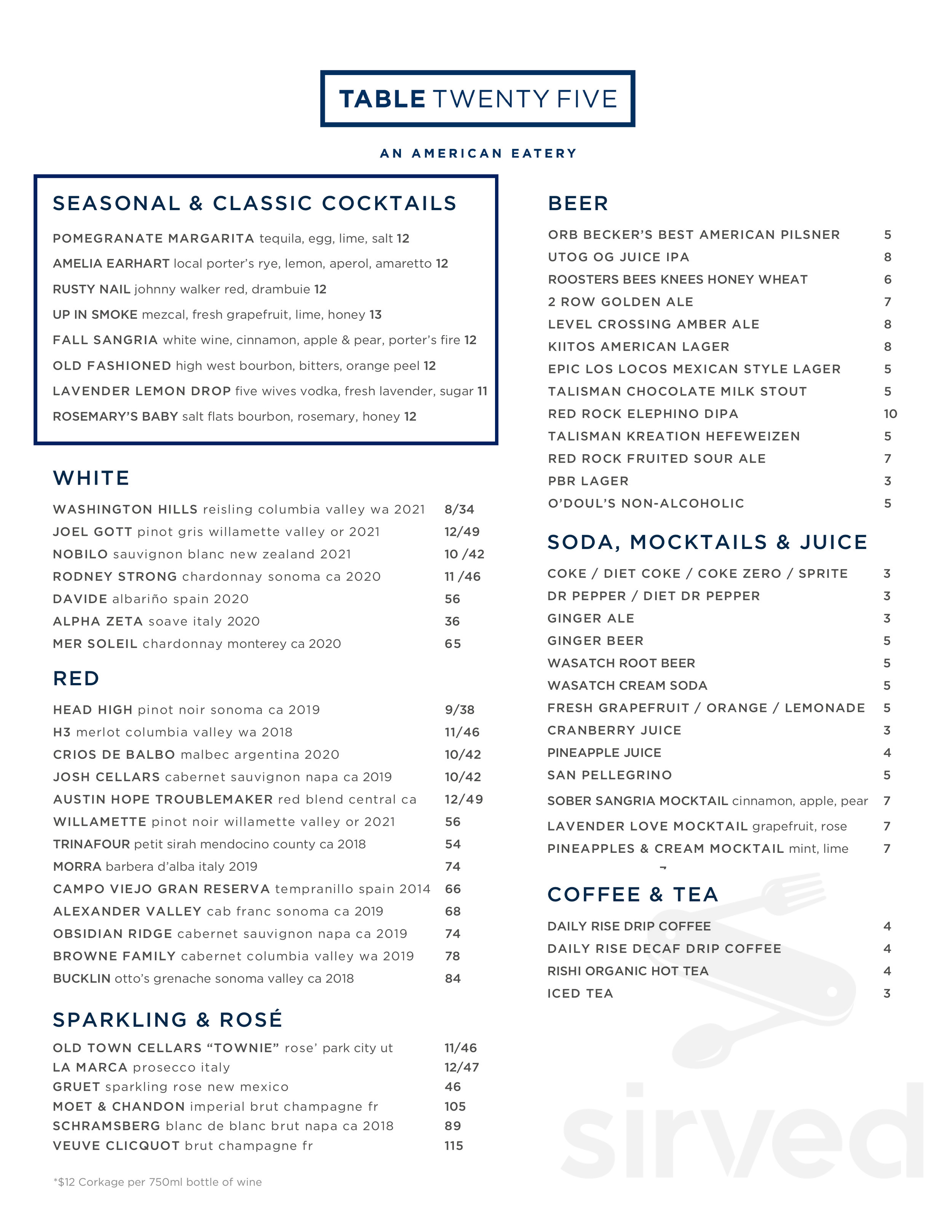 Table Twenty Five menu in Ogden, Utah, USA