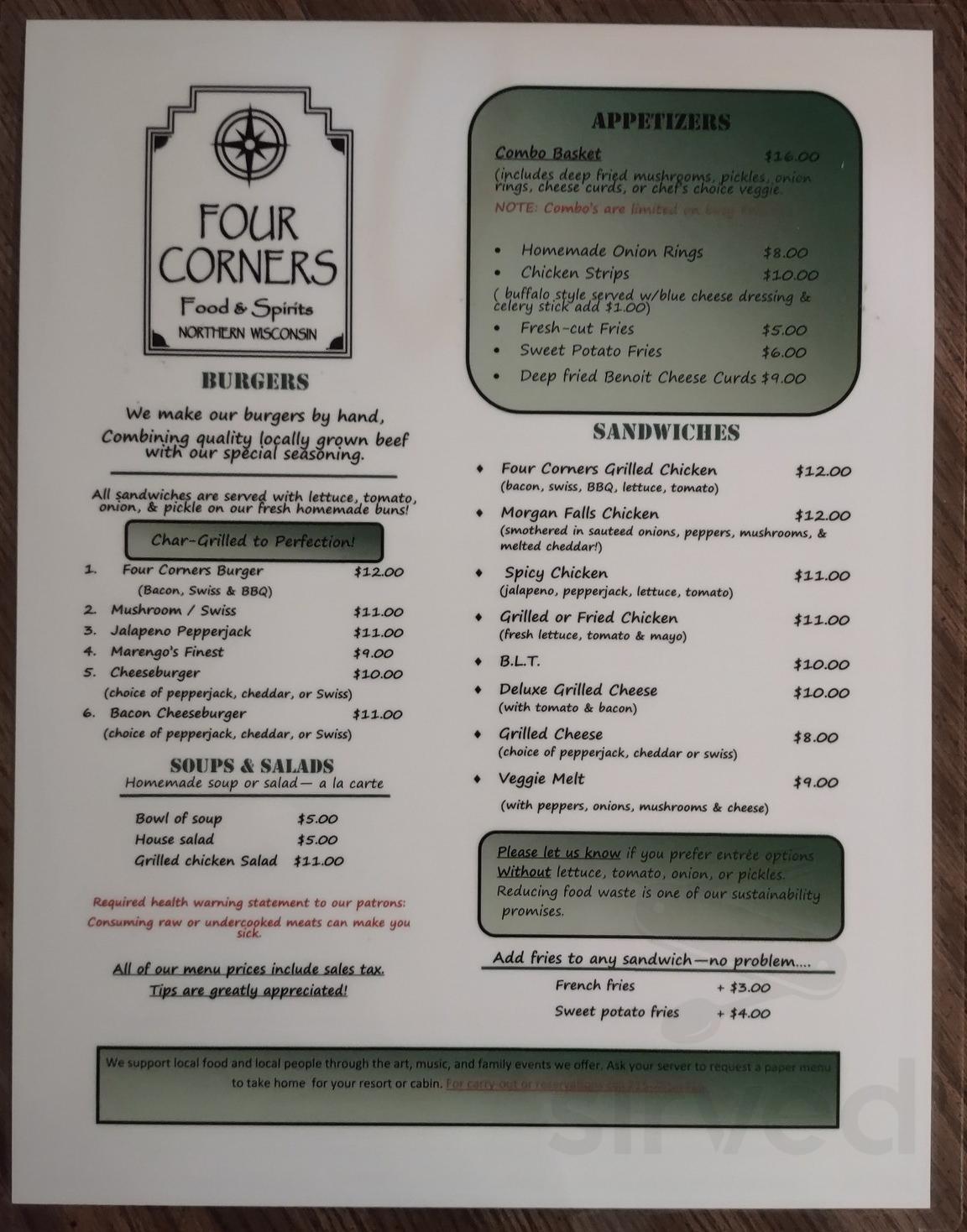 Four Corners Food & Spirits menus in Mason, Wisconsin, United States