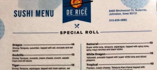 Menu for De Rice in Johnston, IA | Sirved