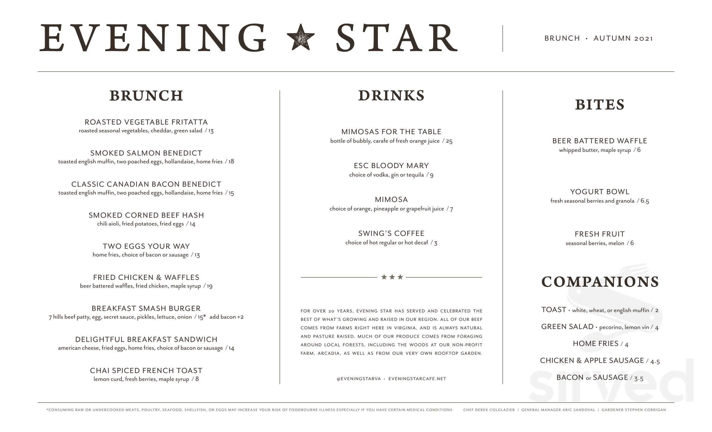 Evening Star Cafe menu in Alexandria, Virginia, USA