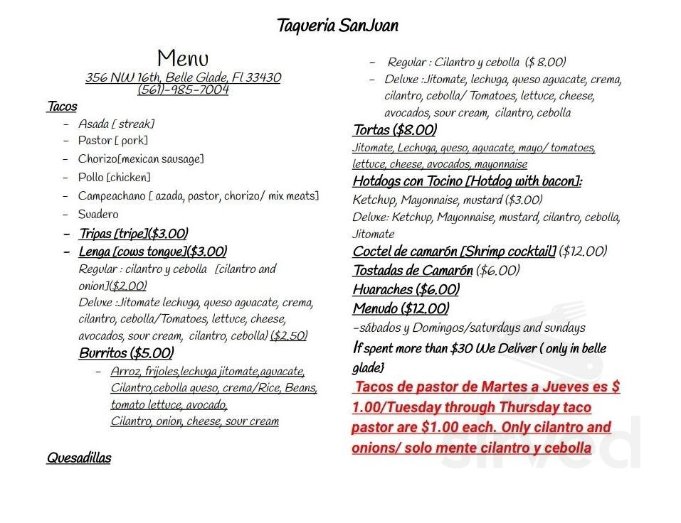 Taqueria san juan menus in Belle Glade, Florida, United States