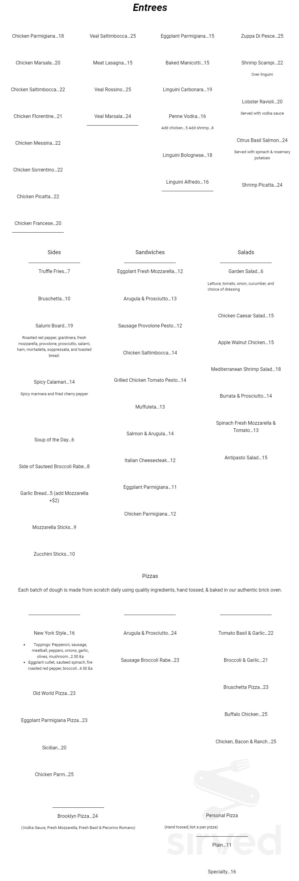 Menu for Carini Brick Oven Cafe in Lords Valley, PA | Sirved