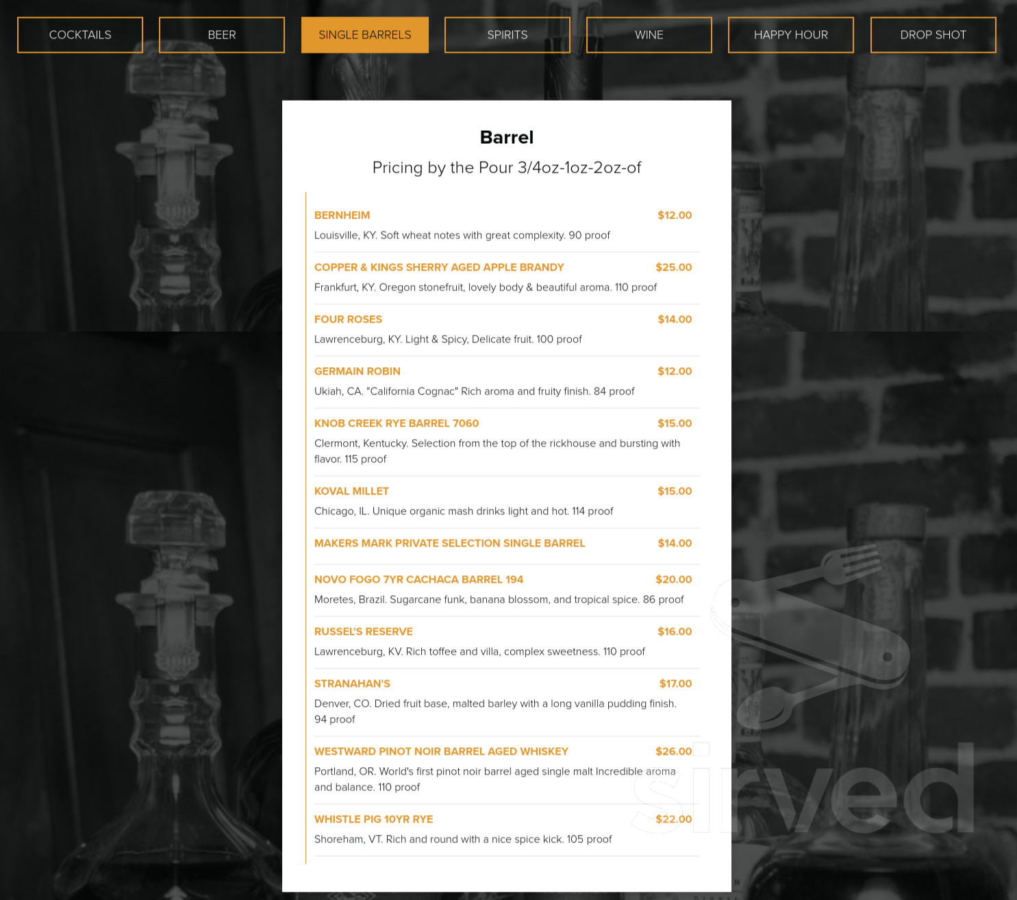 Swan Dive menu in Portland, Oregon, USA