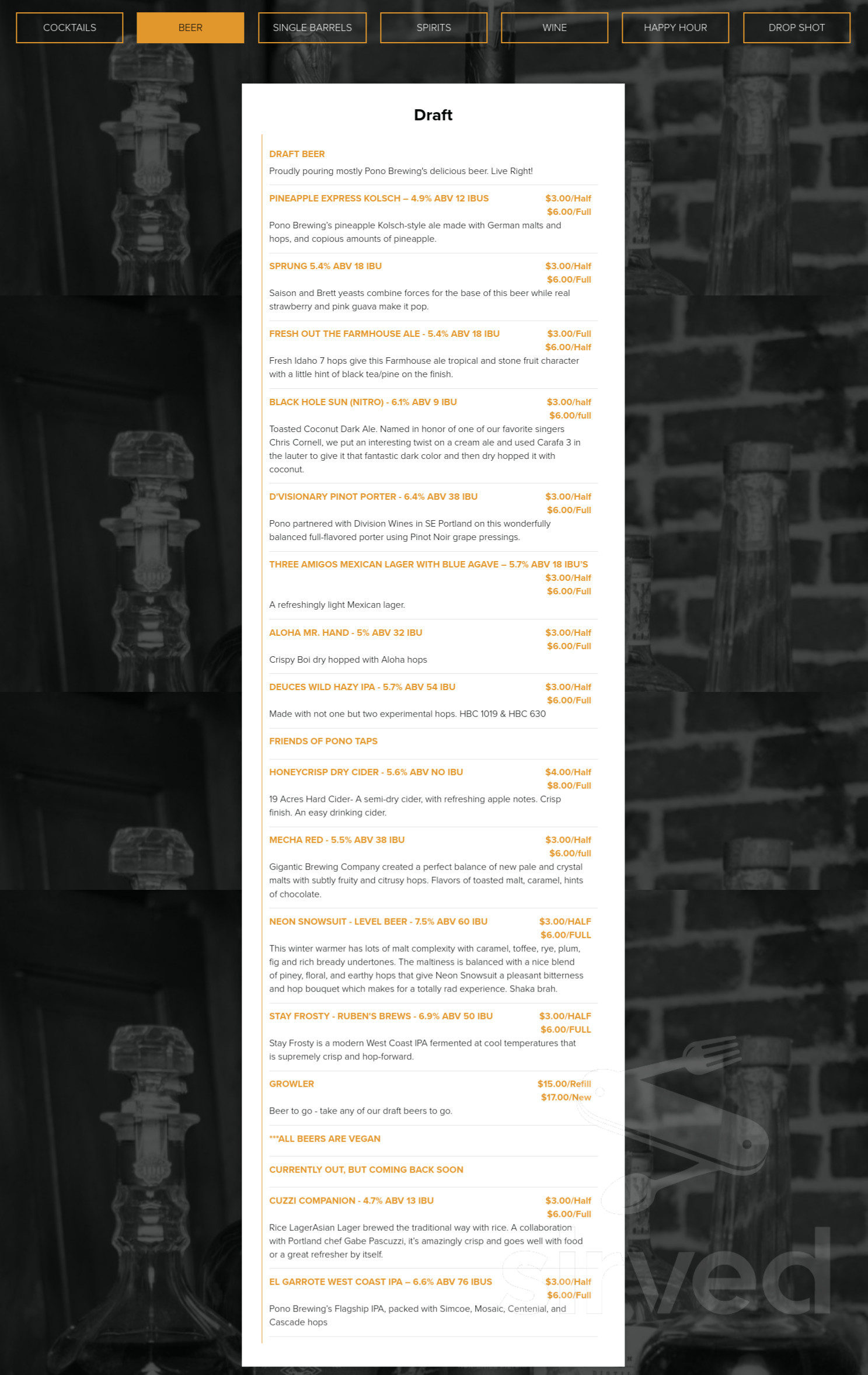 Swan Dive menu in Portland, Oregon, USA