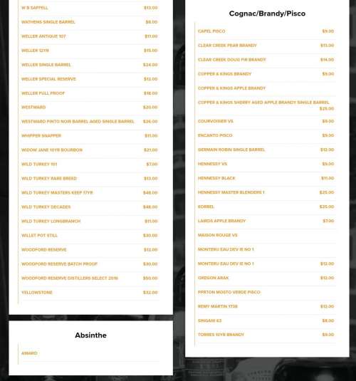 Swan Dive menu in Portland, Oregon, USA