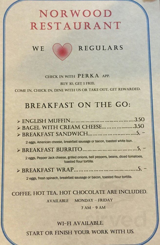 Norwood Restaurant menu in Chicago, Illinois, USA