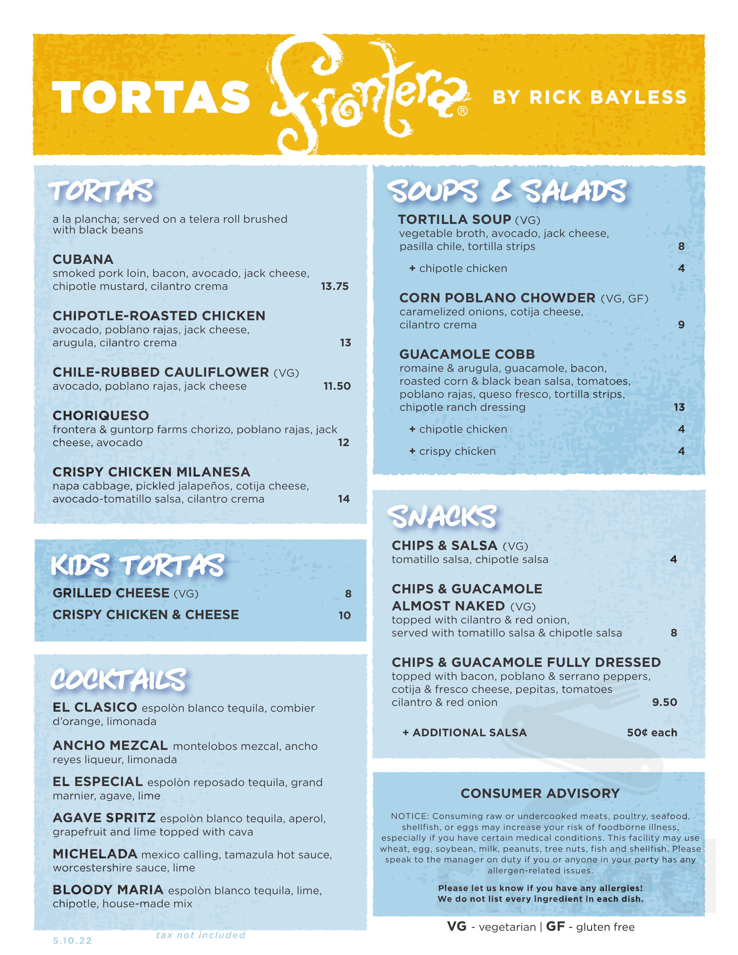 Tortas Frontera menus in Chicago, Illinois, United States