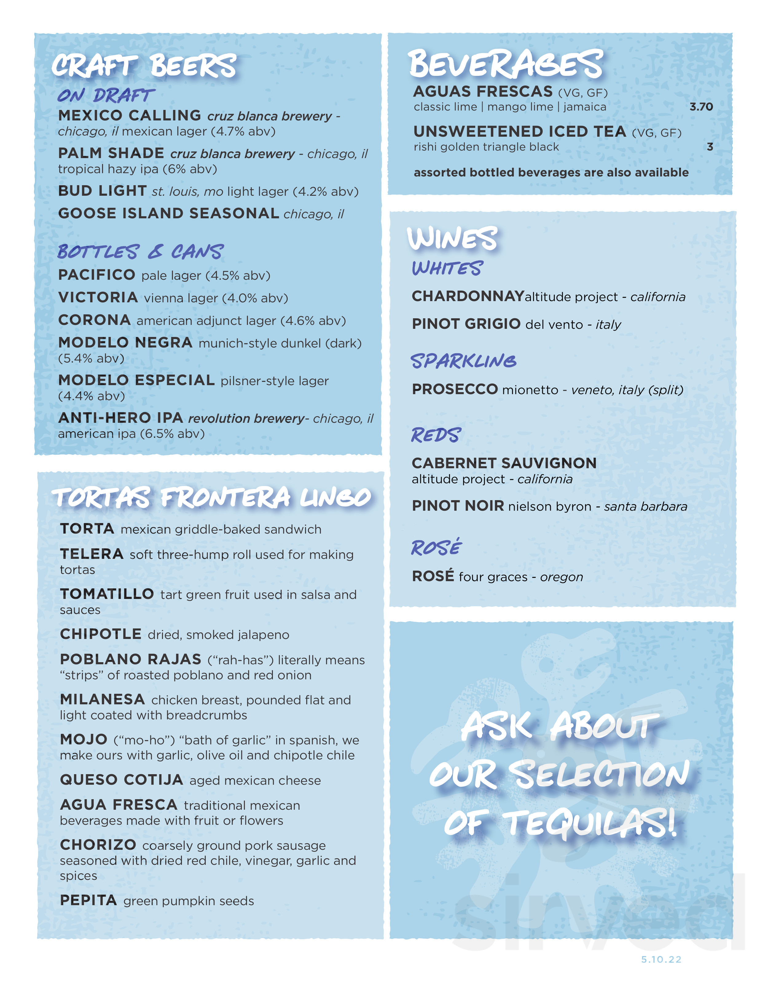 Tortas Frontera menus in Chicago, Illinois, United States