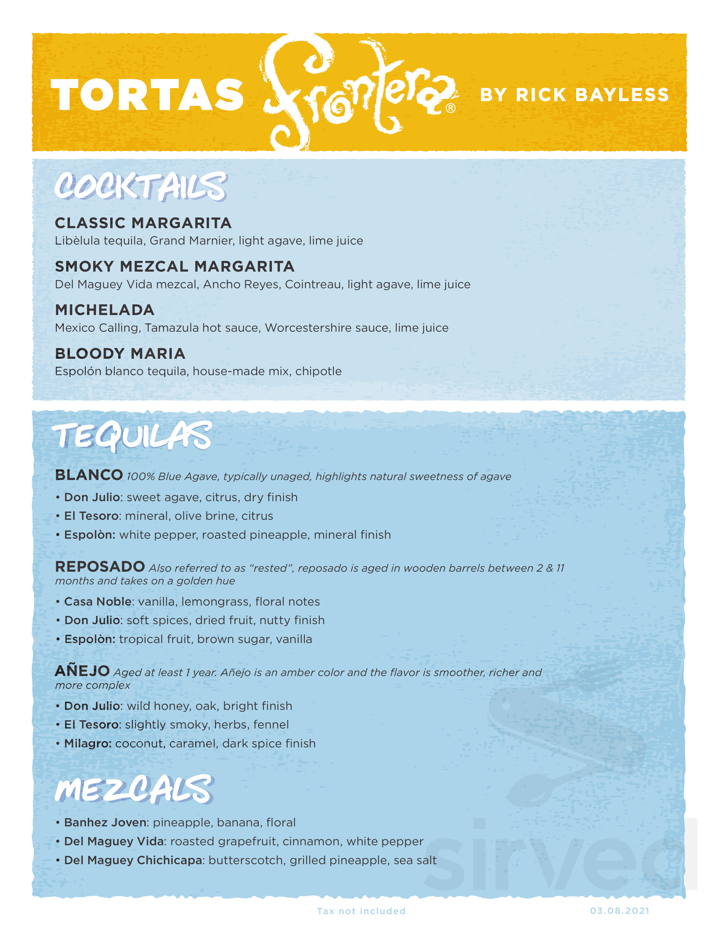 Tortas Frontera menu in Chicago, Illinois, USA