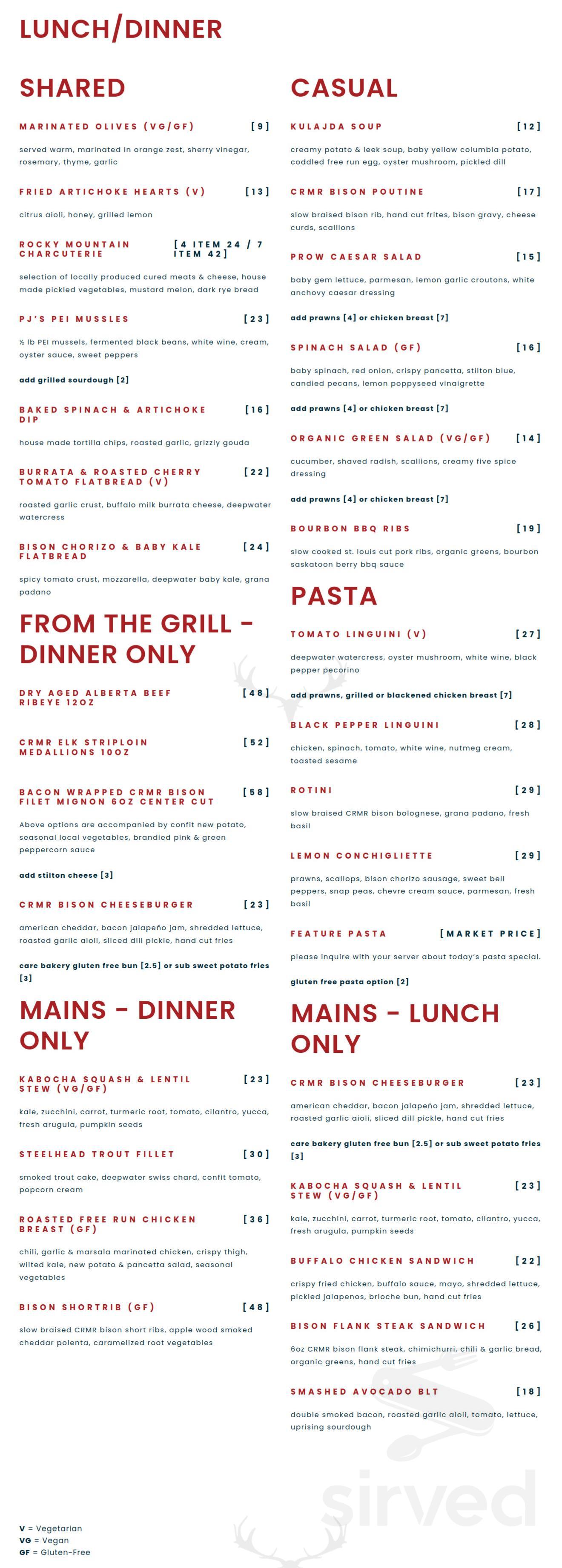 The Prow at Buffalo Mountain Lodge menu in Banff, Alberta, Canada