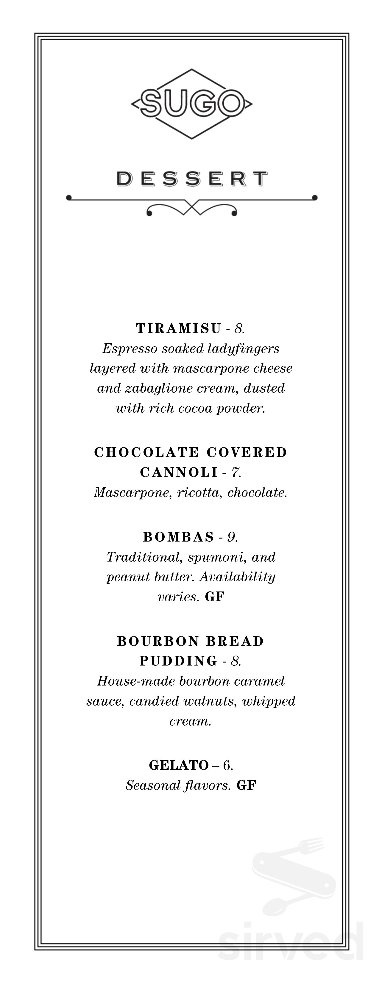 Sugo menu in Johns Creek, Georgia, USA