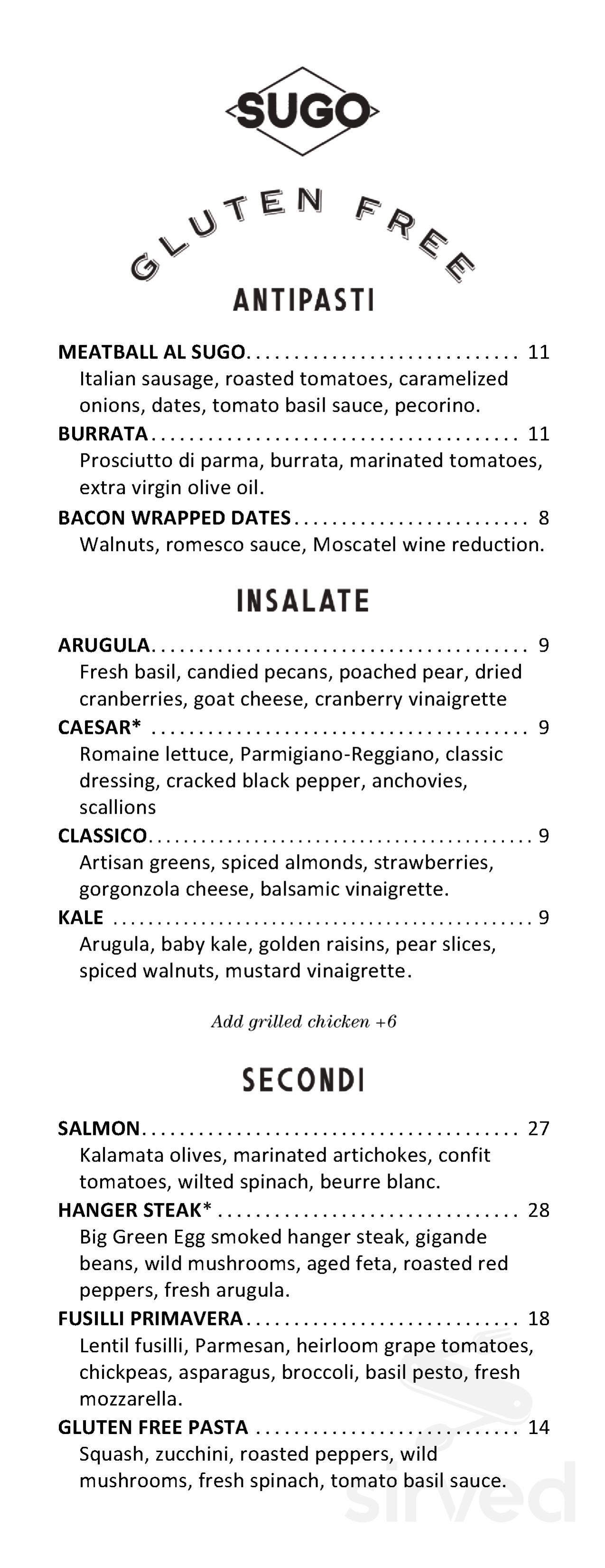 Sugo menu in Johns Creek, Georgia, USA
