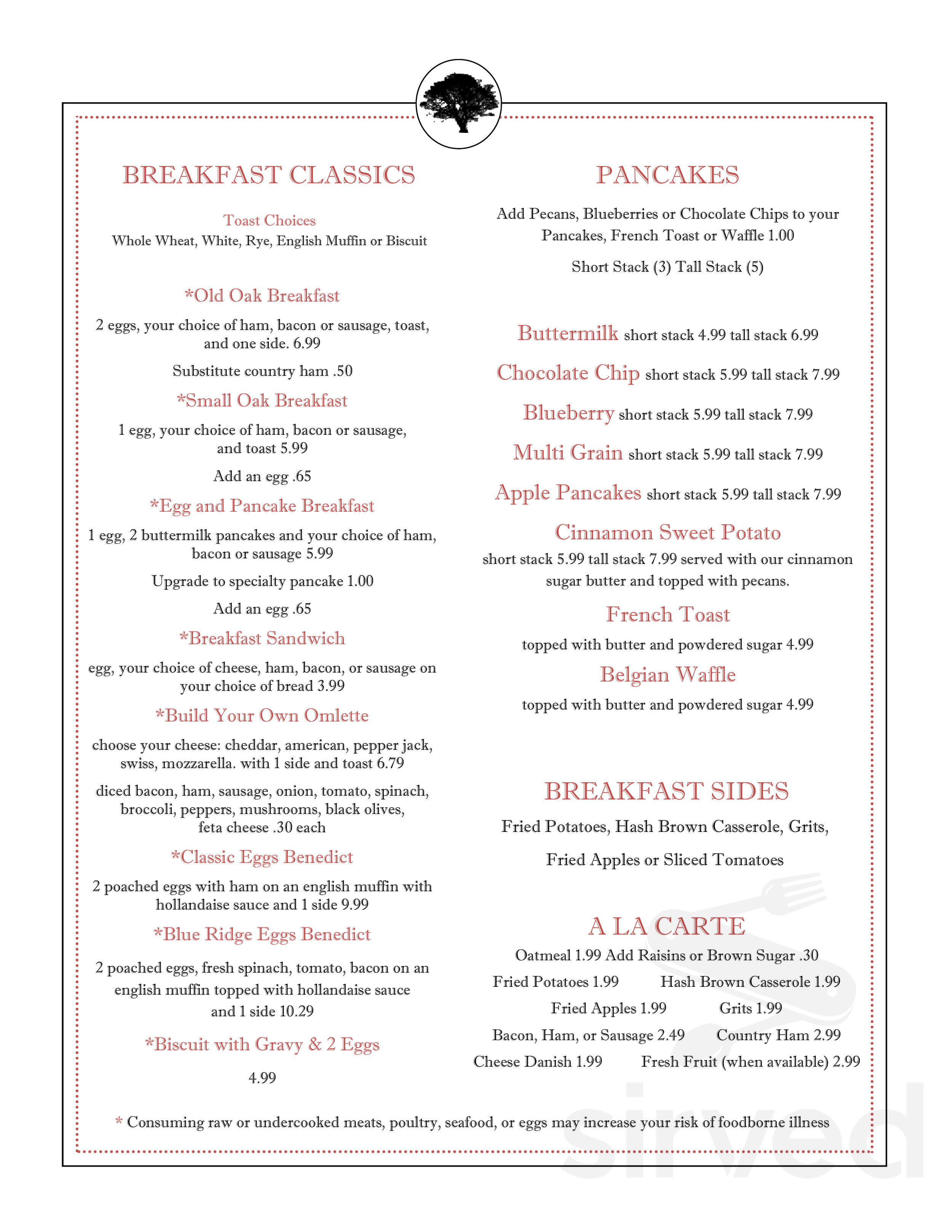 Menu for Old Oak Cafe in Moneta, VA | Sirved