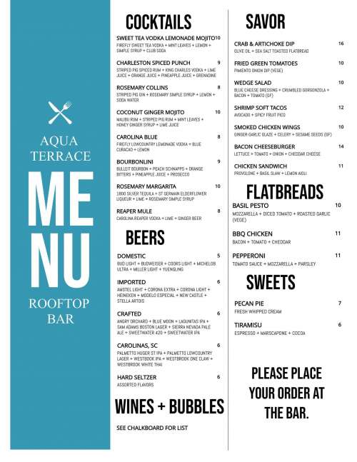 Aqua Terrace Roof-Top Bar menu in Charleston, South Carolina, USA